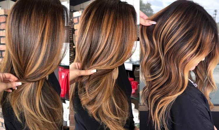 Mèches caramel et miel sur cheveux châtain foncé